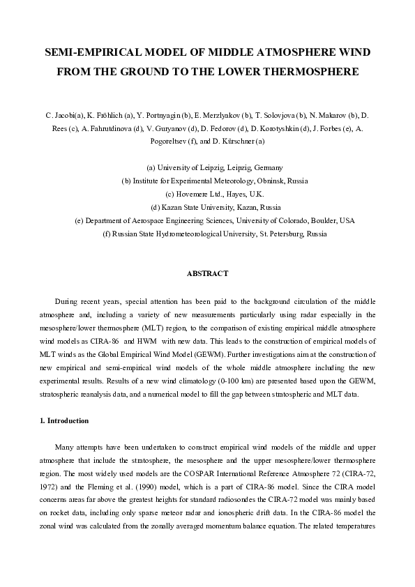 (PDF) Semi-empirical model of middle atmosphere wind from the ground to ...