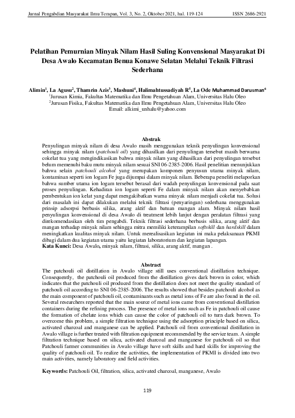 (PDF) Pelatihan Pemurnian Minyak Nilam Hasil Suling Konvensional ...