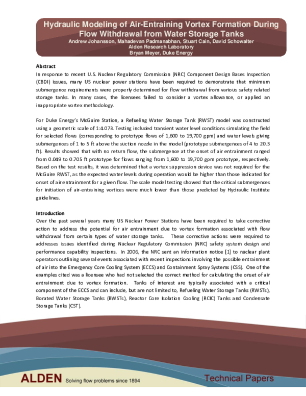 Hydraulic Modeling of Air-Entraining Vortex Formation During Flow ...