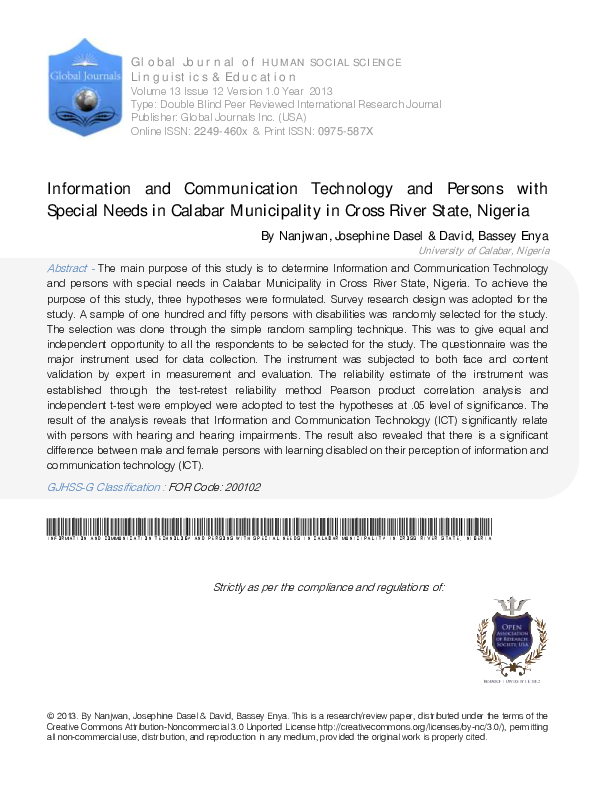 (PDF) Information and Communication Technology and Persons with Special ...