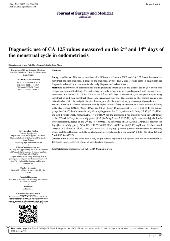 (PDF) Diagnostic use of CA 125 values measured on the 2nd and 14th days ...