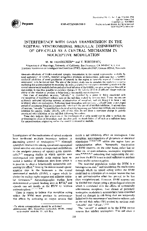 (PDF) Interference with GABA transmission in the rostral ventromedial medulla: Disinhibition of ...