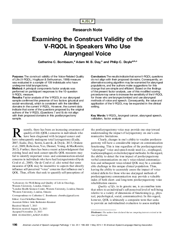 (PDF) Examining the Construct Validity of the V-RQOL in Speakers Who ...