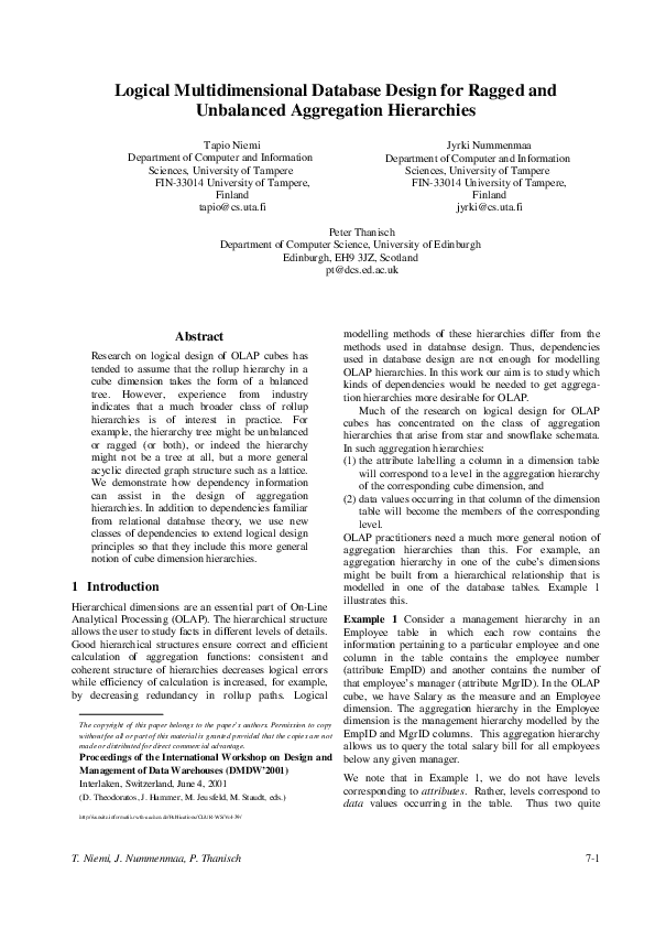Pdf Logical Multidimensional Database Design For Ragged And Unbalanced Aggregation Hierarchies