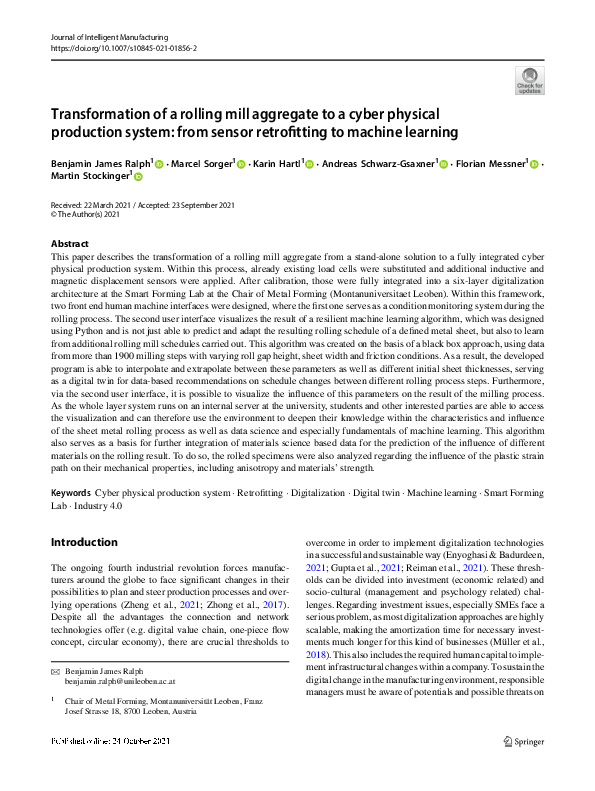 (PDF) Transformation of a rolling mill aggregate to a Cyber Physical Production System: from ...