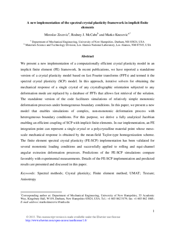 (PDF) A new implementation of the spectral crystal plasticity framework in implicit finite elements