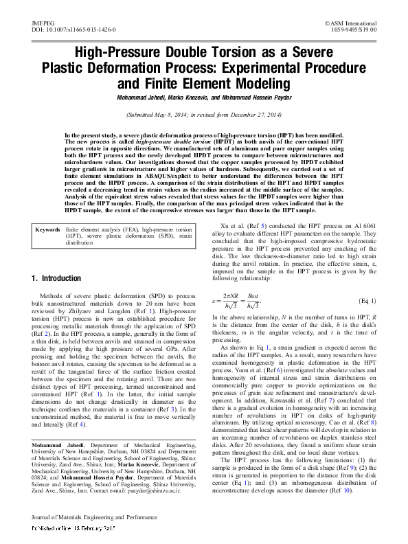 (PDF) High-Pressure Double Torsion as a Severe Plastic Deformation ...