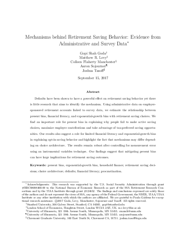 (PDF) Mechanisms behind Retirement Saving Behavior: Evidence from Administrative and Survey Data∗