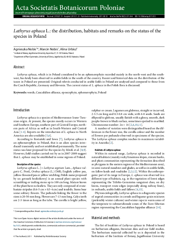 (PDF) Lathyrus aphaca L.: the distribution, habitats and remarks on the ...