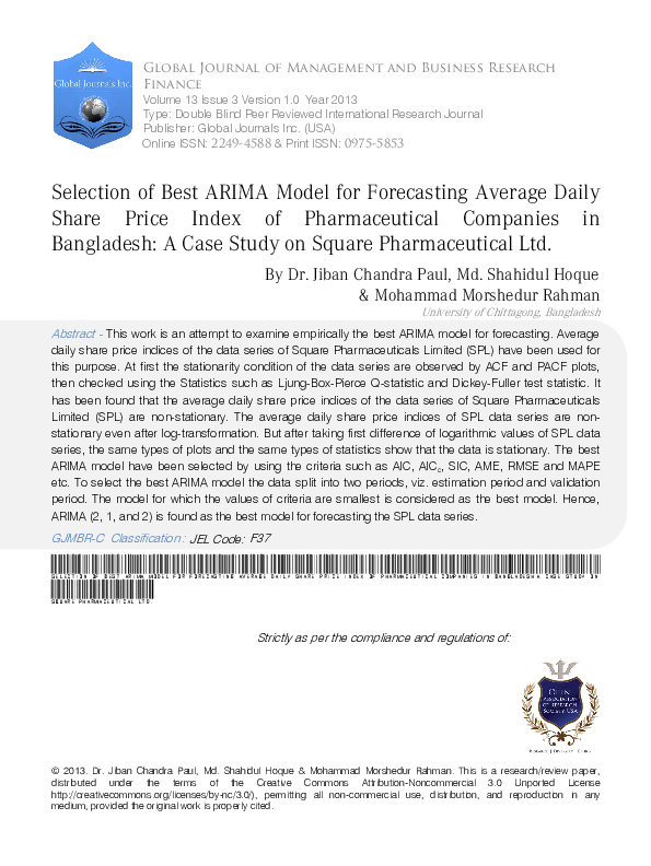 (PDF) Selection of Best ARIMA Model for Forecasting Average Daily Share Price Index of ...