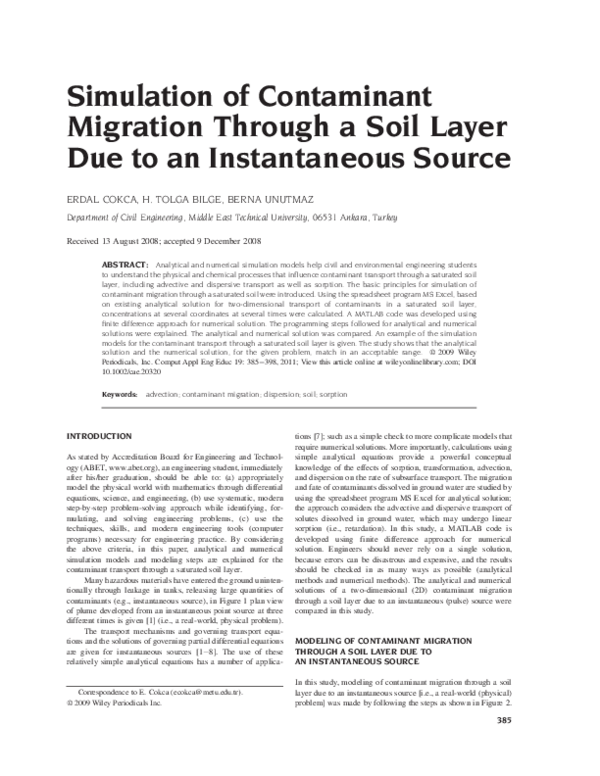 (PDF) Simulation of contaminant migration through a soil layer due to an instantaneous source