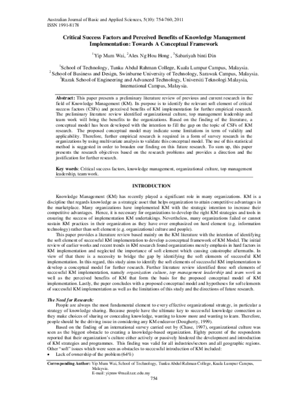 (PDF) Critical Success Factors and Perceived Benefits of Knowledge Management Implementation ...