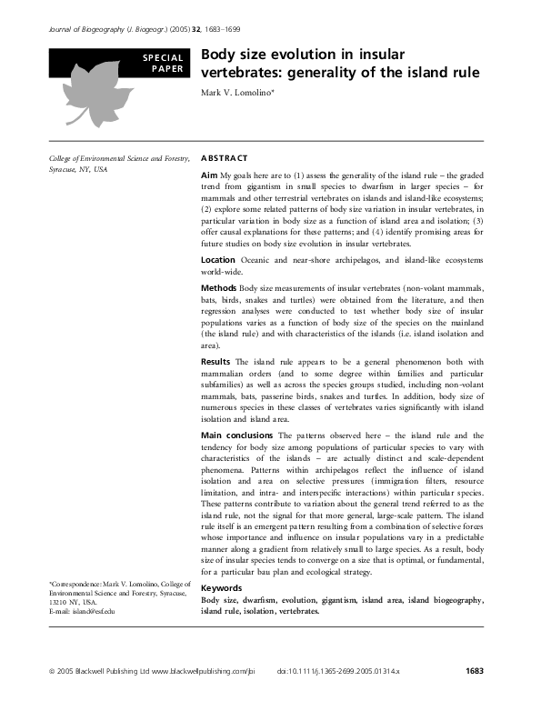 (PDF) Body size evolution in insular vertebrates: generality of the ...
