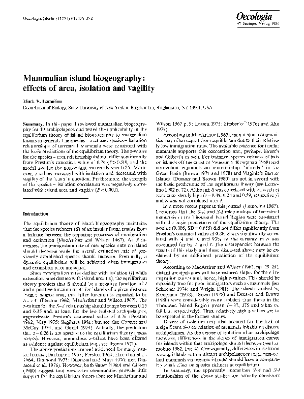 (PDF) Mammalian island biogeography: effects of area, isolation and ...