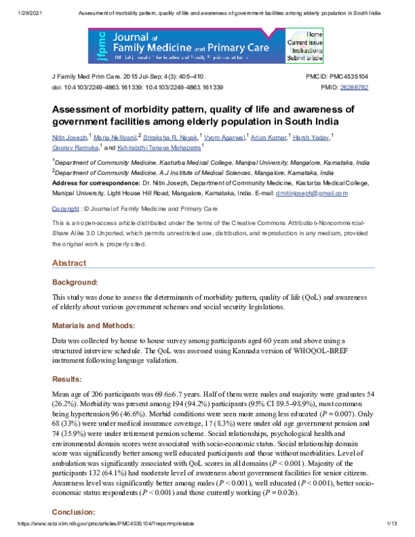 (PDF) Assessment of morbidity pattern, quality of life and awareness of ...