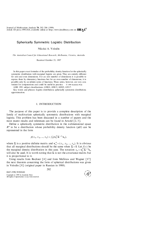 (PDF) Spherically Symmetric Logistic Distribution | Nikolai Volodin - Academia.edu