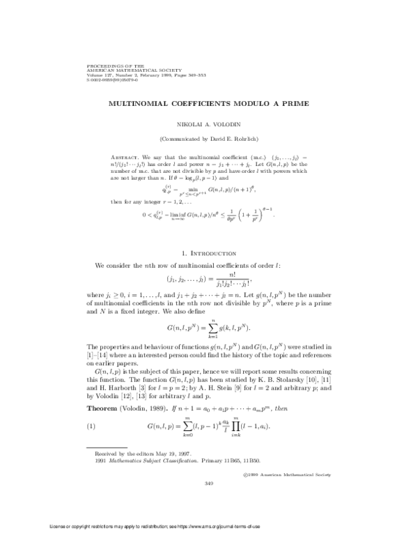 Pdf Multinomial Coefficients Modulo A Prime Nikolai Volodin