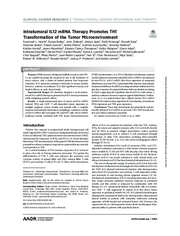 (PDF) Intratumoral IL12 mRNA Therapy Promotes TH1 Transformation of the ...