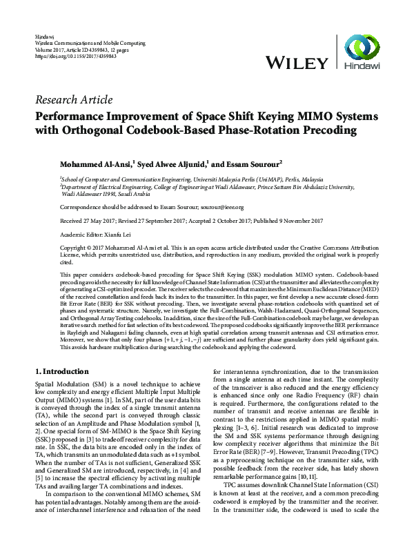 (PDF) Performance Improvement of Space Shift Keying MIMO Systems with Orthogonal Codebook-Based ...