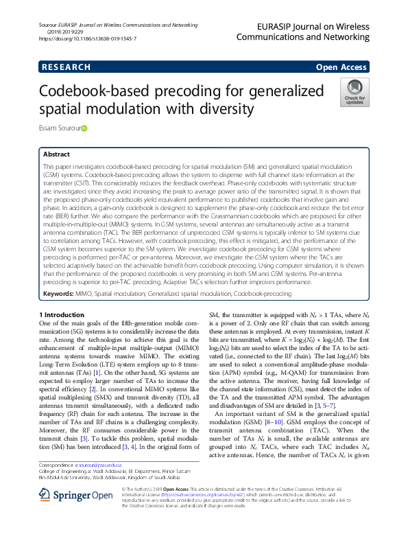 Pdf Codebook Based Precoding For Generalized Spatial Modulation With Diversity Essam Sourour