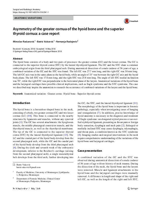 (PDF) Asymmetry of the greater cornua of the hyoid bone and the ...