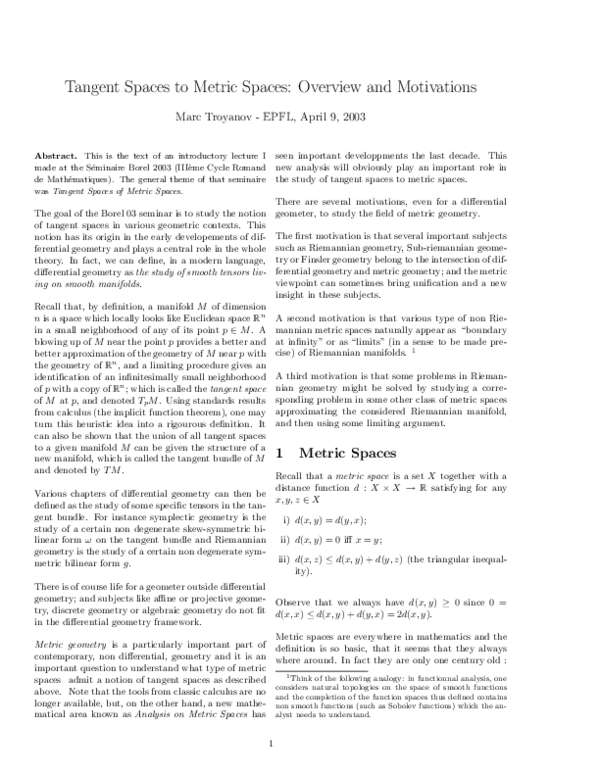 Pdf Tangent Spaces To Metric Spaces Overview And Motivations Marc