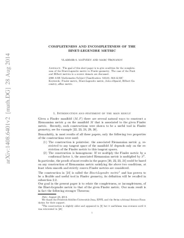 (PDF) Completeness and incompleteness of the Binet–Legendre metric ...