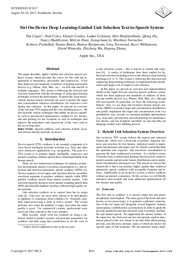 (PDF) Siri On-Device Deep Learning-Guided Unit Selection Text-to-Speech System