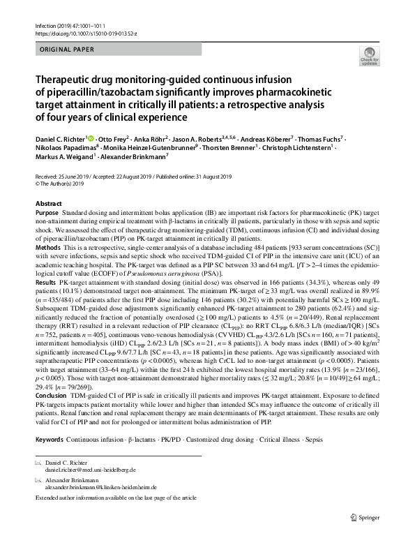 (PDF) Early target attainment of continuous infusion piperacillin/tazobactam and meropenem in ...