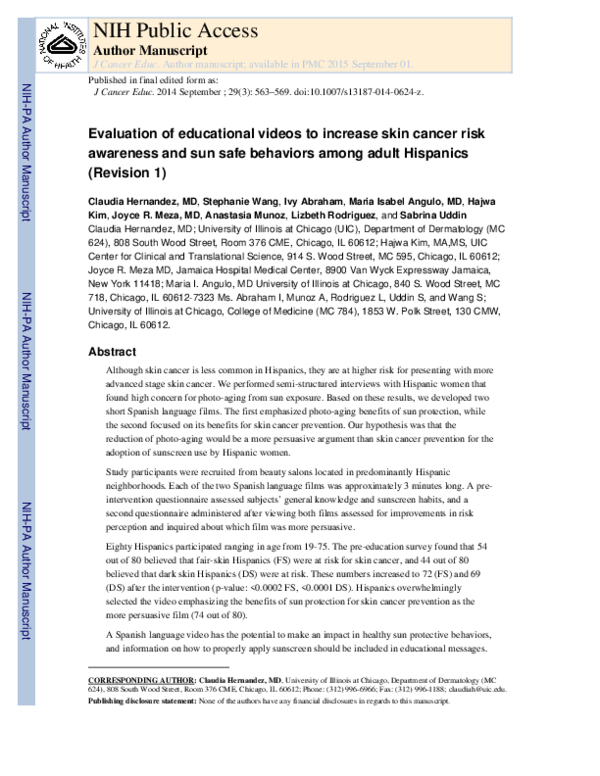 (PDF) Evaluation of Educational Videos to Increase Skin Cancer Risk ...
