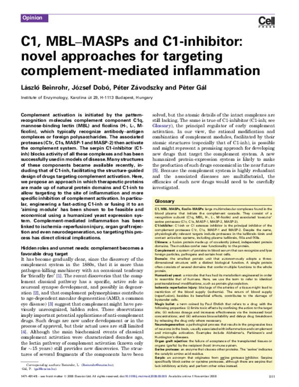 (PDF) C1, MBL–MASPs and C1-inhibitor: novel approaches for targeting ...
