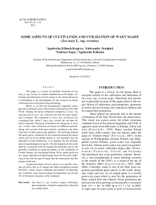(PDF) Some aspects of cultivation and utilization of waxy maize (Zea ...