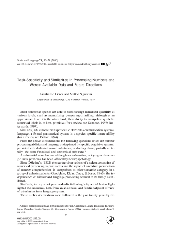 (PDF) Task-Specificity and Similarities in Processing Numbers and Words: Available Data and ...