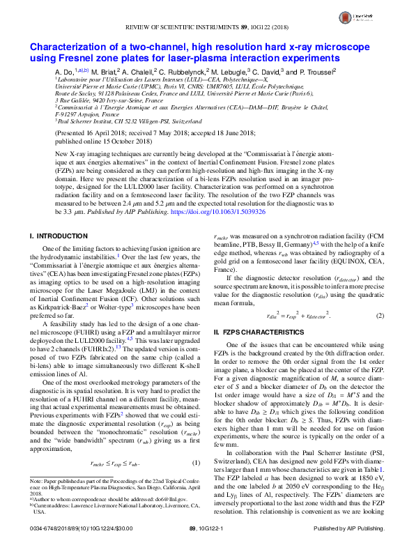 (PDF) Characterization of a two-channel, high resolution hard x-ray microscope using Fresnel ...