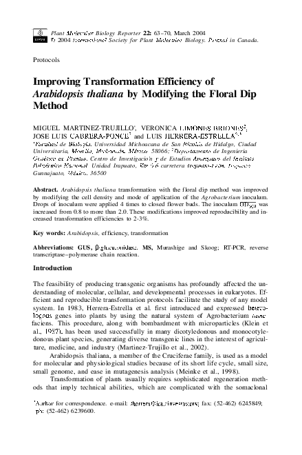 (PDF) Improving transformation efficiency ofArabidopsis thaliana by ...