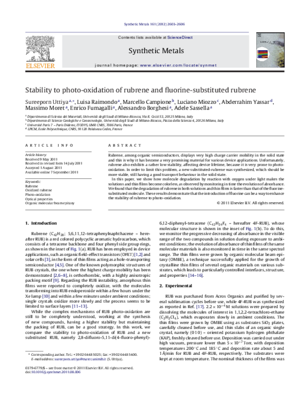 (PDF) Stability to photo-oxidation of rubrene and fluorine-substituted ...