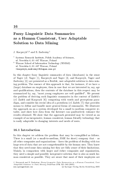 (PDF) Fuzzy Linguistic Data Summaries as a Human Consistent, User Adaptable Solution to Data Mining