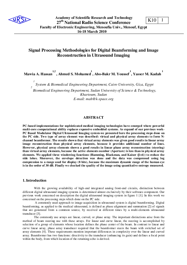 (PDF) Signal Processing Methodologies for Digital Beamforming and Image Reconstruction in ...