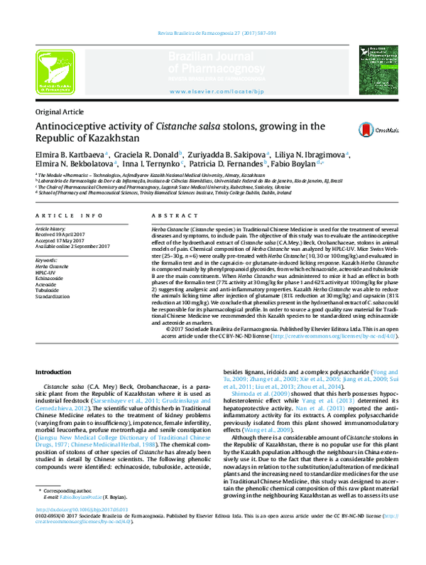 (PDF) Antinociceptive activity of Cistanche salsa stolons, growing in ...