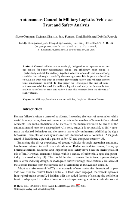(PDF) Autonomous Control in Military Logistics Vehicles: Trust and Safety Analysis