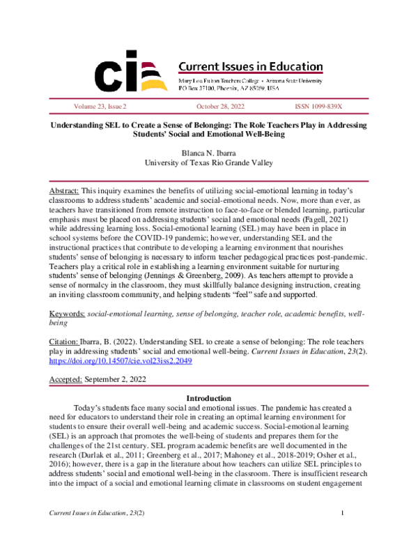 (PDF) Understanding SEL to Create a Sense of Belonging: The Role Teachers Play in Addressing ...