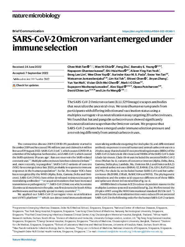 (PDF) SARS-CoV-2 Omicron variant emerged under immune selection