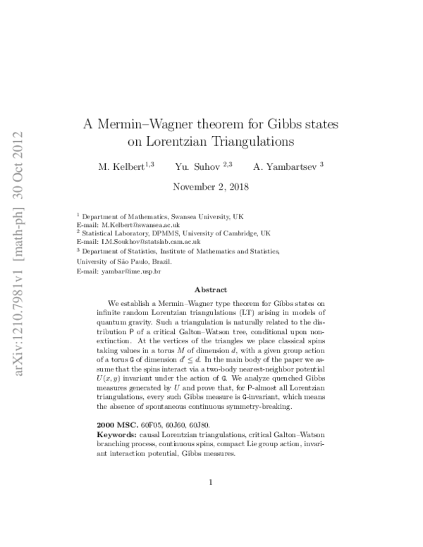 (PDF) A Mermin–Wagner Theorem for Gibbs States on Lorentzian Triangulations
