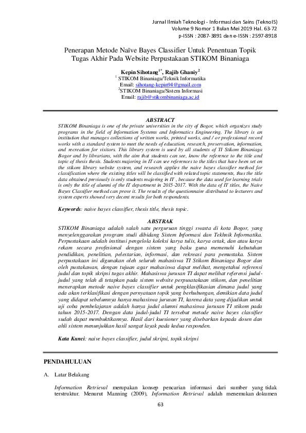 (PDF) Penerapan Metode Naïve Bayes Classifier Untuk Penentuan Topik Tugas Akhir