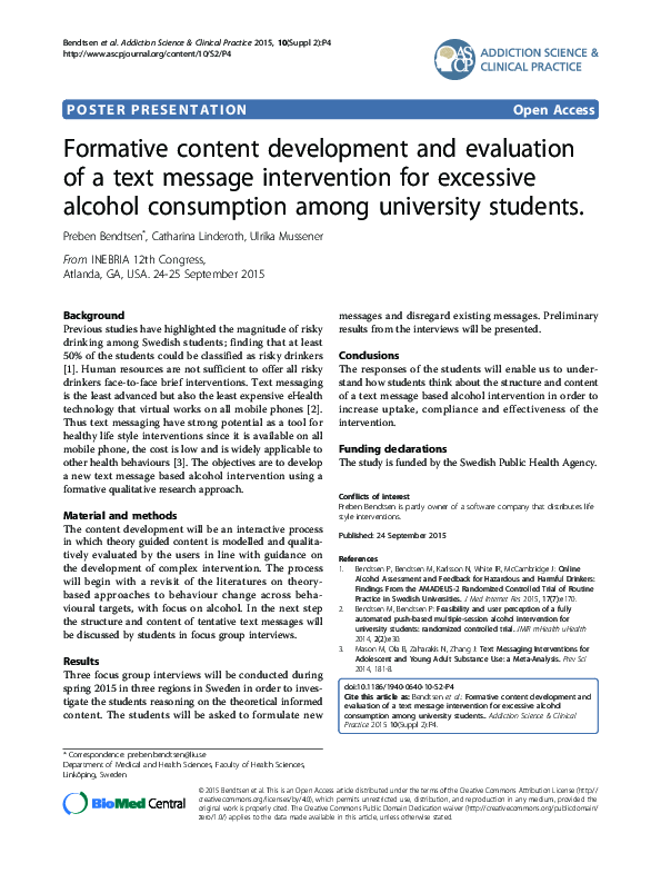 Pdf Formative Content Development And Evaluation Of A Text Message Intervention For Excessive