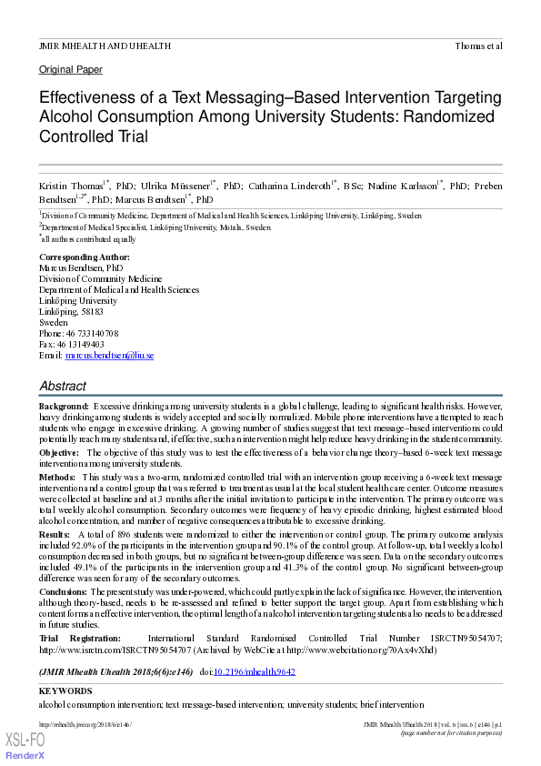 (PDF) Effectiveness of a Text Messaging–Based Intervention Targeting Alcohol Consumption Among ...