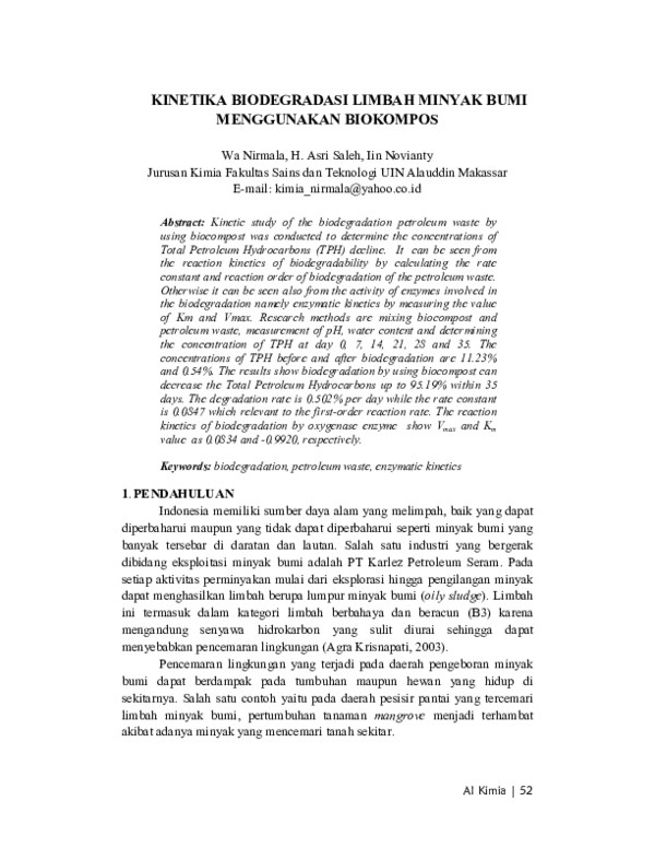 (PDF) Kinetika Biodegradasi Limbah Minyak Bumi Menggunakan Biokompos