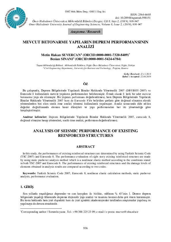 (PDF) Mevcut Betonarme Yapilarin Deprem Performansinin Anali̇zi̇