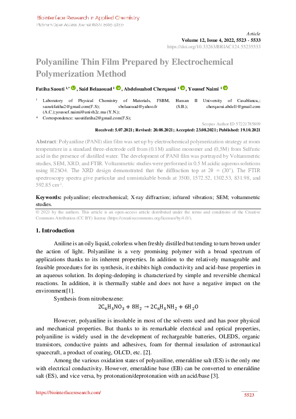 (PDF) Polyaniline Thin Film Prepared by Electrochemical Polymerization Method