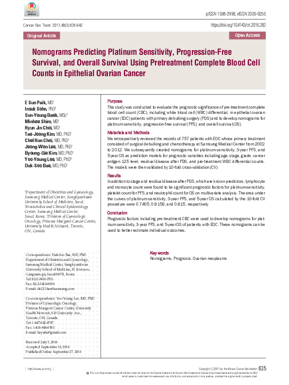 (PDF) Nomograms Predicting Platinum Sensitivity, Progression-Free Survival, and Overall Survival ...